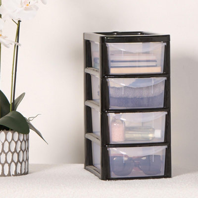 Black Plastic 4 Drawer Tower Storage Unit Small A5 Stationery Filing 38.5cm