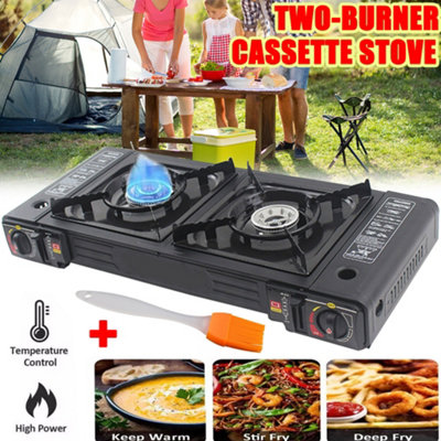 Black Portable Double Burner Gas Stove Camping Cooker Barbecue Stove Tool