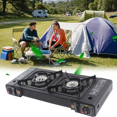Black Portable Double Burner Gas Stove Camping Cooker Barbecue Stove Tool