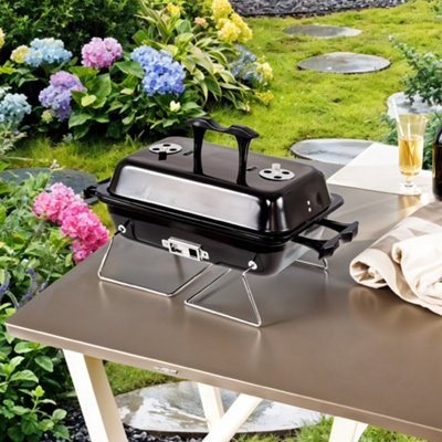 Black Portable Tabletop BBQ Grill Smoker with Lid