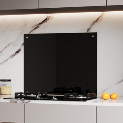 Black Pre-Drilled Tempered Glass Splashback for Cookers, 75cm W x 60cm D