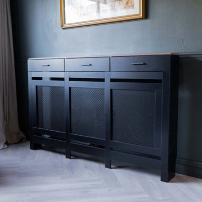 Black Radiator Cover With Contrast Wooden Shelf and Storage Draw - Large