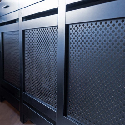 Black Radiator Cover With Contrast Wooden Shelf and Storage Draw - Large