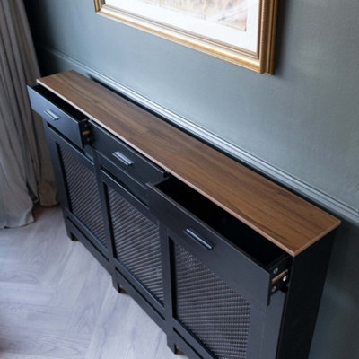 Black Radiator Cover With Contrast Wooden Shelf and Storage Draw - Large