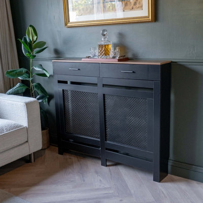 Black Radiator Cover With Contrast Wooden Shelf and Storage Draw - Medium