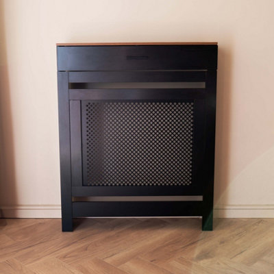 Black Radiator Cover With Contrast Wooden Shelf and Storage Draw - Small