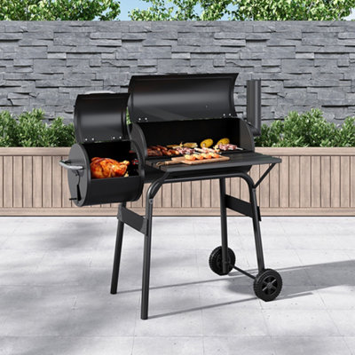Black Rectangular BBQ Grill with Portable Trolley Wheels 115cm W