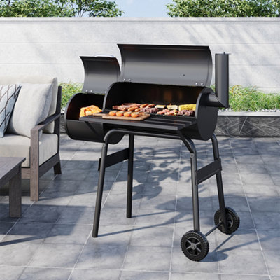 Black Rectangular BBQ Grill with Portable Trolley Wheels 115cm W