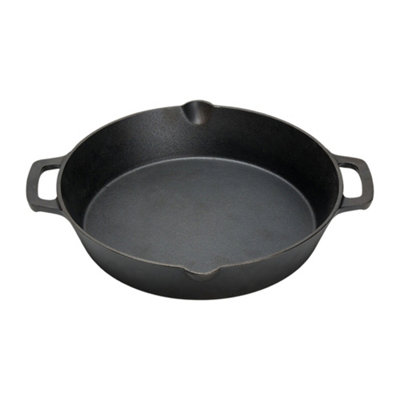 Black Round Cast Iron Non-Stick Skillet Pan with Spouts and Handles ...