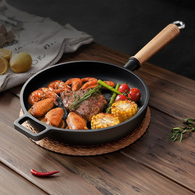 Black Round Cast Iron Skillet with Removable Wooden Handle, 46cm L x ...