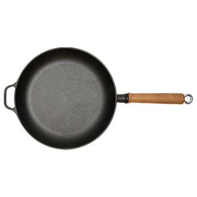 Black Round Cast Iron Skillet with Removable Wooden Handle, 53cm L x ...