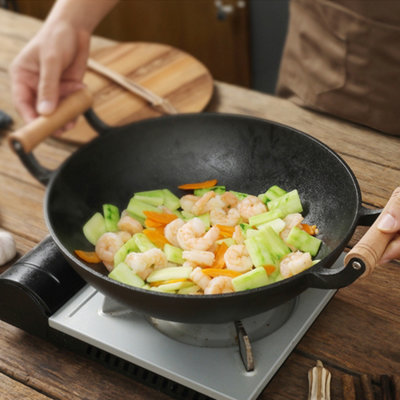 Black Round Cast Iron Wok with Dual Handles, 45cm(W) x 36cm(D) x 12cm(H)