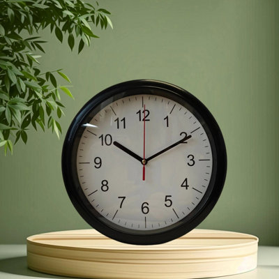 Black Round Quartz Wall Clock Battery Operated 24cm Office Minimalistic ...