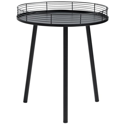 Black Round Tray Table With Metal Tabletop & Sturdy Metal Frame, End ...