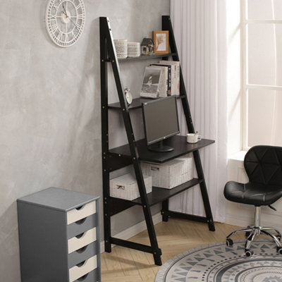 Black Rustic Ladder Computer Desk with Storage Shelves