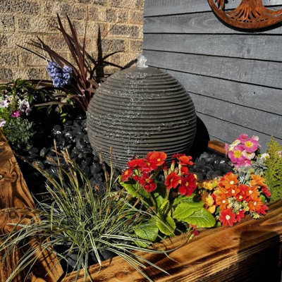 Black Sandstone Ribbed Sphere 40cm Natural Stone Solar Water Feature