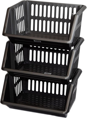Black Set of 3 Plastic Stacking Basket Multi-Purpose Storage Stackable ...