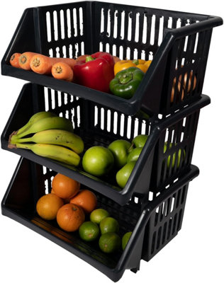 Black Set of 3 Plastic Stacking Basket Multi-Purpose Storage Stackable ...