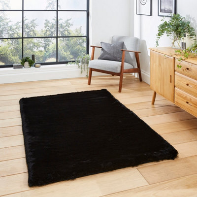 Black Shaggy Modern Plain Machine Made Rug for Living Room and Bedroom ...