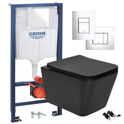 Black Square Hidden Fixation Rimless Wall Hung Toilet Pan & GROHE 1.13m ...
