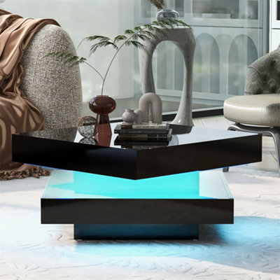Black Square High Gloss Coffee Table with Rotating Top, Tea Table with ...