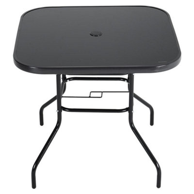 Black Square Tempered Glass Garden Bistro Dinging Table with Umbrella ...