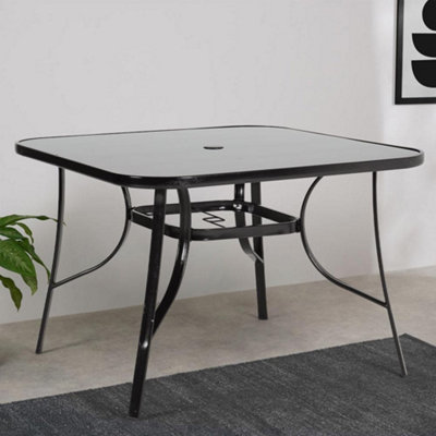 Black Square Tempered Glass Top Garden Bistro Dinging Table with Metal Frame and Umbrella Hole Outdoor 105 cm