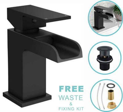 Black Square Waterfall Basin Mixer Tap, Large Cloakroom Sink Mono ...