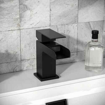 Black Square Waterfall Basin Mixer Tap, Large Cloakroom Sink Mono ...
