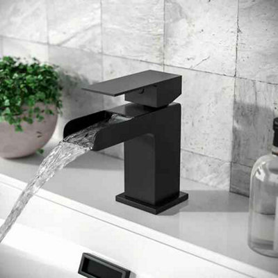Black Square Waterfall Basin Mixer Tap, Large Cloakroom Sink Mono ...