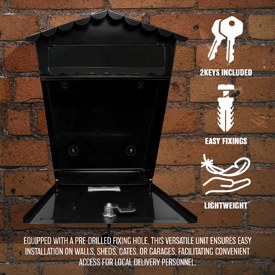 Black Steel Post Box Lockable Letterbox Mail Wall Mounted Postbox Home ...