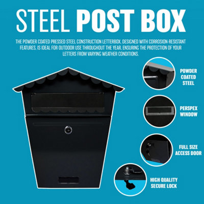 Black Steel Post Box Lockable Letterbox Mail Wall Mounted Postbox Home ...