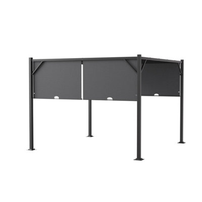 Black Steel Retractable Flat Roof Garden Gazebo With Awning 295cm W x ...