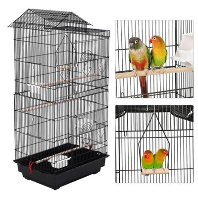 BLACK TALL METAL BIRD CAGE FOR PARROTS WITH 4 FEEDERS 100CM H
