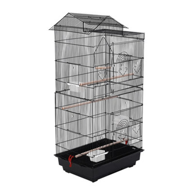 BLACK TALL METAL BIRD CAGE FOR PARROTS WITH 4 FEEDERS 100CM H