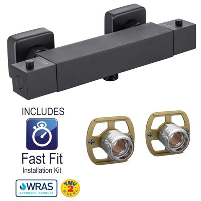 Black Thermostatic Bar Mixer Shower Valve Square Bottom Outlet + Fast ...