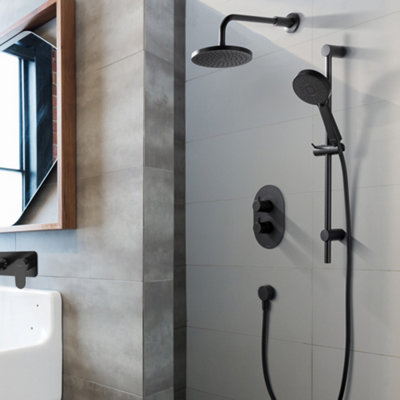 Black Thermostatic Concealed Shower Valve Twin Double Outlets Shower ...