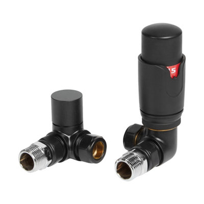 Black Thermostatic Radiator Valve Corner - 15mm x R 1/2" With Lockshield