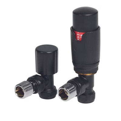 Black Thermostatic Radiator Valve Set, Angled TRV with Lockshield, Matt ...