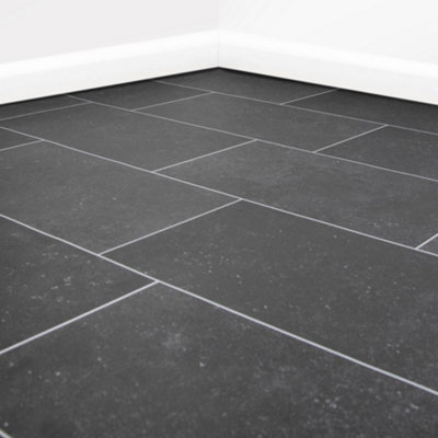 Black Tile Effect Soft Lino Flooring 4m Width Sheet Vinyl R10 Slip ...