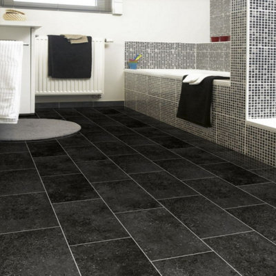 Black Tile Effect Vinyl Flooring For LivingRoom, Hallways, 2mm Cushion ...