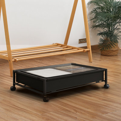 Black Under Bed Steel Storage Organizer Basket with Wheels