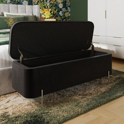 Black Velvet Ottoman Storage Bench With Chromed Metal Legs
