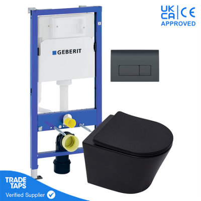 Black Wall Hung Toilet Rimless Pan with Geberit Concealed Cistern Frame ...