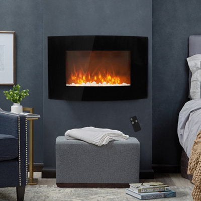 Black Wall Mounted Curved Electric Fire Fireplace with Remote Control ...