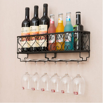 Black Wall Mounted Wine Rack with 6 Wine Glass Holder W 50 cm x D 10 cm ...