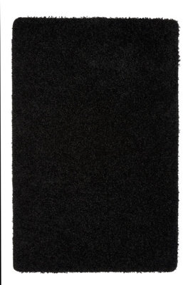 Black Washable Modern Plain Shaggy Easy to clean Plain for Dining Room ...