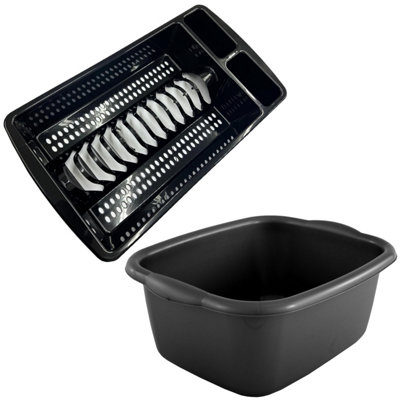 Black Washing Up Bowl & Black Dish Drainer Rack