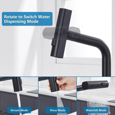 Black Waterfall Kitchen Faucet, Kitchen Mixer Tap with Pull-Out Sprayer ...