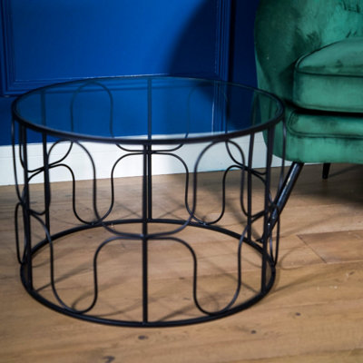 Black Wavy Wire Coffee Table with Glass Top